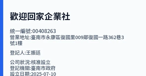 歡迎回家企業社的照片-統編 00408263(臺南市) 公司登記資料與營業項目詳細圖表