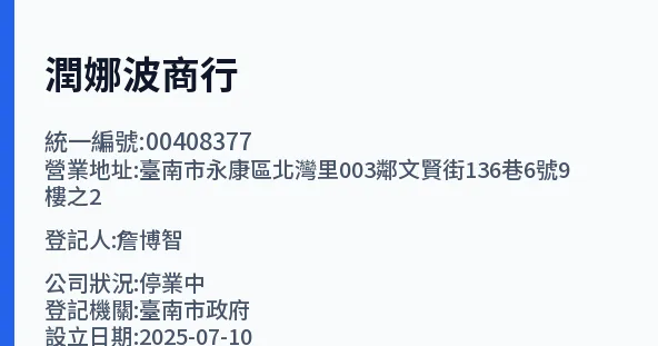 潤娜波商行的照片-統編 00408377(臺南市) 公司登記資料與營業項目詳細圖表