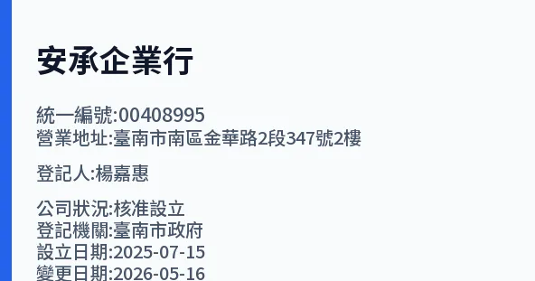 安承企業行的照片-統編 00408995(臺南市) 公司登記資料與營業項目詳細圖表