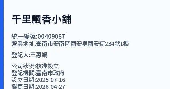 千里飄香小舖的照片-統編 00409087(臺南市) 公司登記資料與營業項目詳細圖表