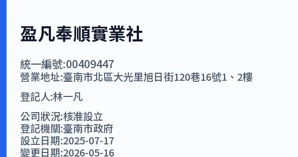 盈凡奉順實業社的照片-統編 00409447(臺南市) 公司登記資料與營業項目詳細圖表
