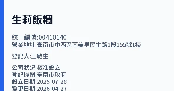 生莉飯糰的照片-統編 00410140(臺南市) 公司登記資料與營業項目詳細圖表