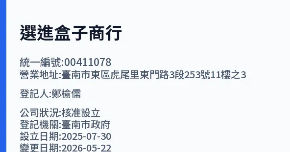 選進盒子商行的照片-統編 00411078(臺南市) 公司登記資料與營業項目詳細圖表