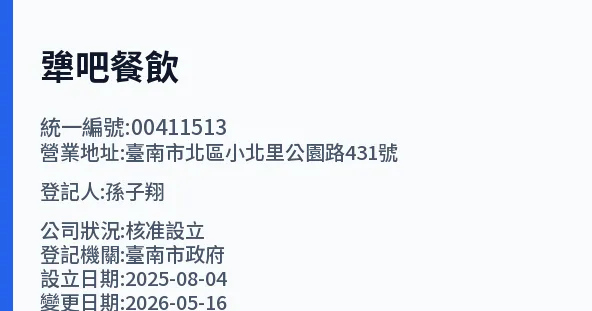 犟吧餐飲的照片-統編 00411513(臺南市) 公司登記資料與營業項目詳細圖表