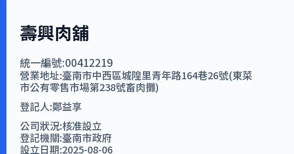 壽興肉舖的照片-統編 00412219(臺南市) 公司登記資料與營業項目詳細圖表