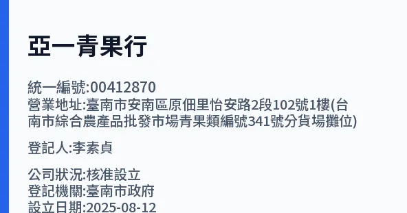 亞一青果行的照片-統編 00412870(臺南市) 公司登記資料與營業項目詳細圖表