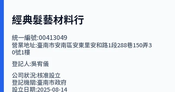經典髮藝材料行的照片-統編 00413049(臺南市) 公司登記資料與營業項目詳細圖表