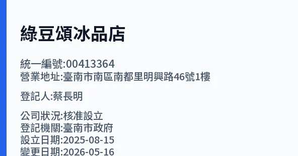 綠豆頌冰品店的照片-統編 00413364(臺南市) 公司登記資料與營業項目詳細圖表