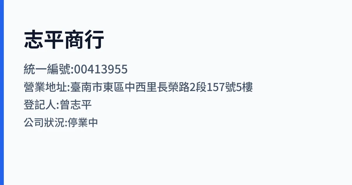 志平商行 - 統編 00413955(臺南市) 公司登記資料與營業項目詳細圖表