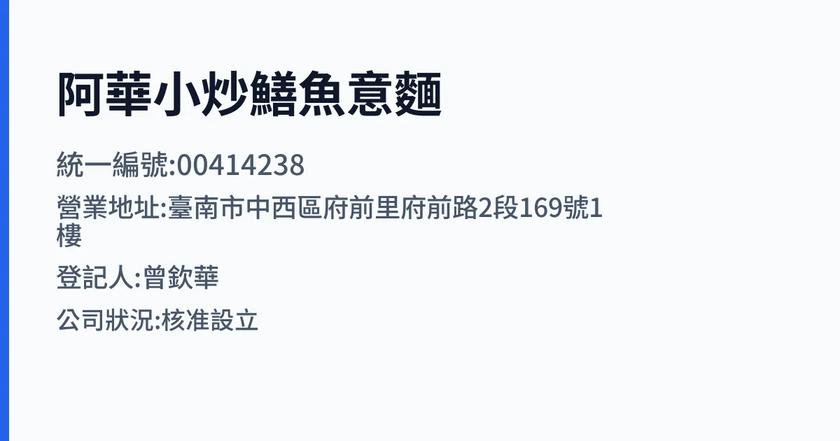 阿華小炒鱔魚意麵 - 統編 00414238(臺南市) 公司登記資料與營業項目詳細圖表