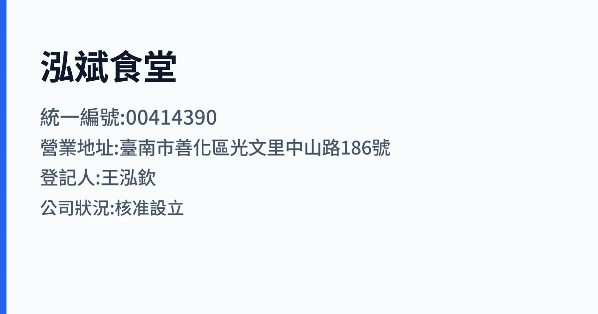 泓斌食堂 - 統編 00414390(臺南市) 公司登記資料與營業項目詳細圖表