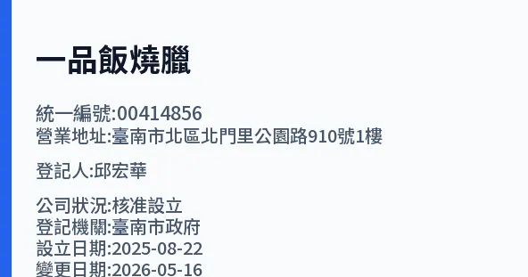 一品飯燒臘的照片-統編 00414856(臺南市) 公司登記資料與營業項目詳細圖表