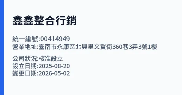 鑫鑫整合行銷的照片-統編 00414949(臺南市) 公司登記資料與營業項目詳細圖表