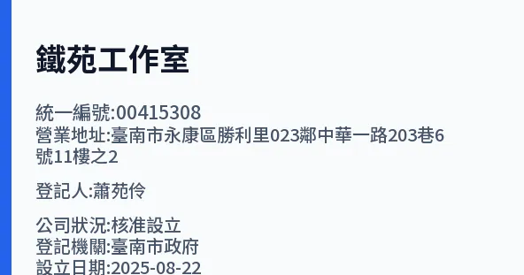 鐵苑工作室的照片-統編 00415308(臺南市) 公司登記資料與營業項目詳細圖表