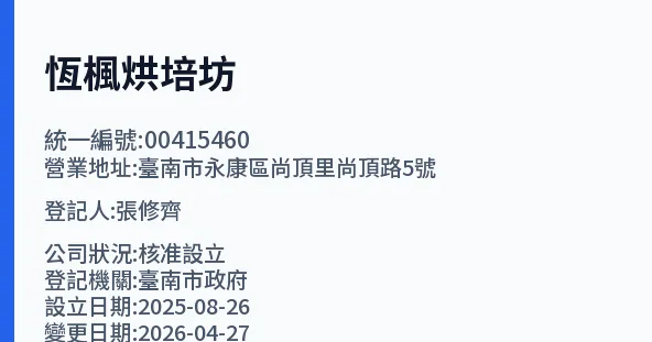 恆楓烘培坊的照片-統編 00415460(臺南市) 公司登記資料與營業項目詳細圖表