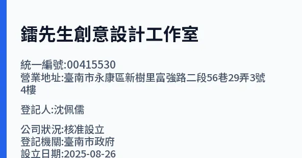 鐳先生創意設計工作室的照片-統編 00415530(臺南市) 公司登記資料與營業項目詳細圖表