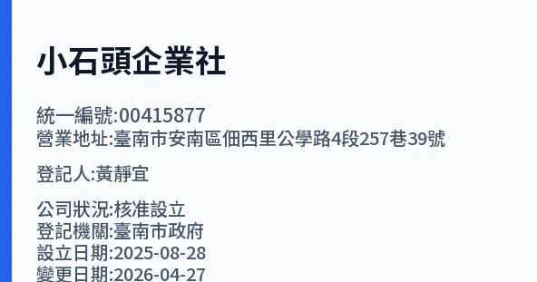 小石頭企業社的照片-統編 00415877(臺南市) 公司登記資料與營業項目詳細圖表
