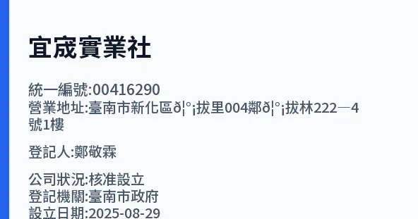 宜宬實業社的照片-統編 00416290(臺南市) 公司登記資料與營業項目詳細圖表