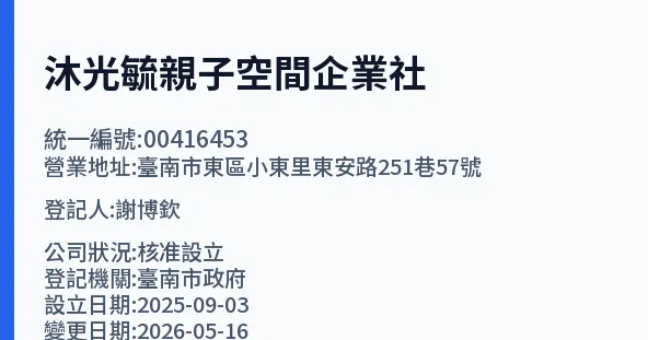 沐光毓親子空間企業社的照片-統編 00416453(臺南市) 公司登記資料與營業項目詳細圖表