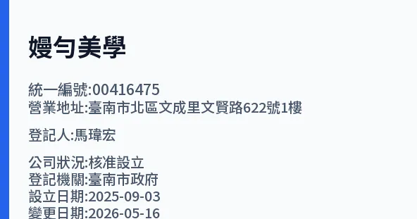 嫚勻美學的照片-統編 00416475(臺南市) 公司登記資料與營業項目詳細圖表