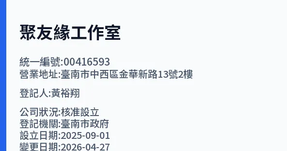 聚友緣工作室的照片-統編 00416593(臺南市) 公司登記資料與營業項目詳細圖表