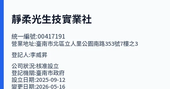 靜柔光生技實業社的照片-統編 00417191(臺南市) 公司登記資料與營業項目詳細圖表