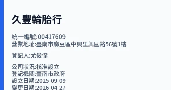 久豐輪胎行的照片-統編 00417609(臺南市) 公司登記資料與營業項目詳細圖表