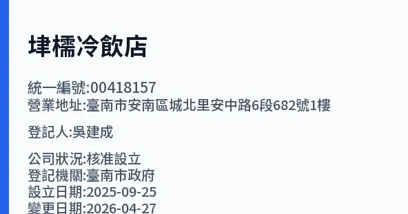 垏檽冷飲店的照片-統編 00418157(臺南市) 公司登記資料與營業項目詳細圖表