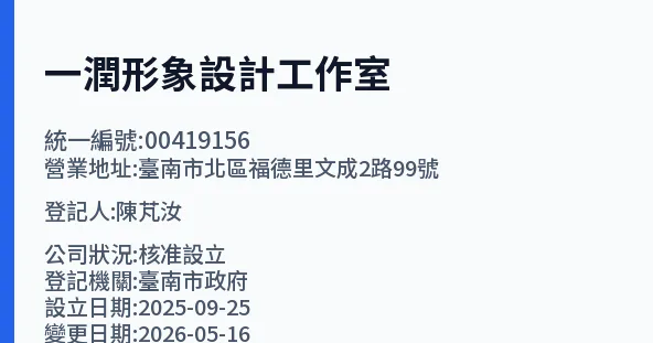 一潤形象設計工作室的照片-統編 00419156(臺南市) 公司登記資料與營業項目詳細圖表