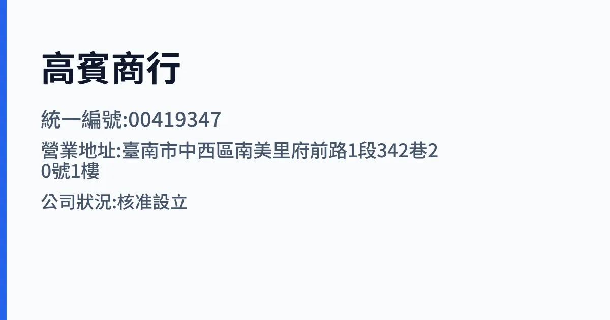 高賓商行 - 統編 00419347(臺南市) 公司登記資料與營業項目詳細圖表