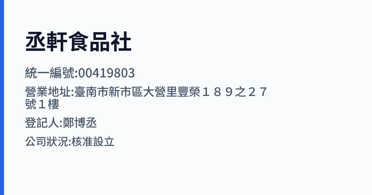 丞軒食品社 - 統編 00419803(臺南市) 公司登記資料與營業項目詳細圖表