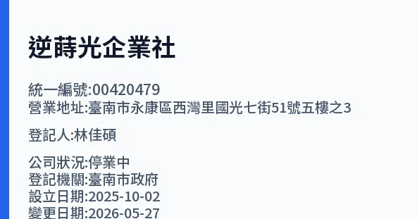 逆蒔光企業社的照片-統編 00420479(臺南市) 公司登記資料與營業項目詳細圖表