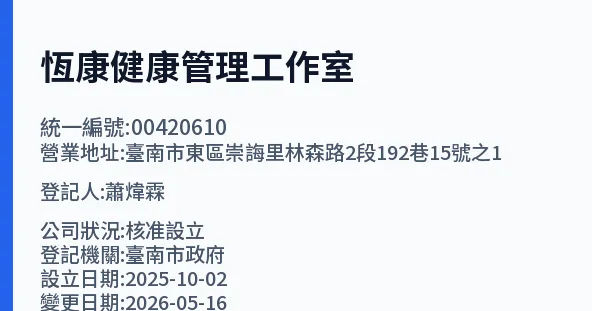 恆康健康管理工作室的照片-統編 00420610(臺南市) 公司登記資料與營業項目詳細圖表