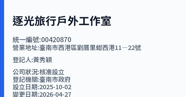 逐光旅行戶外工作室的照片-統編 00420870(臺南市) 公司登記資料與營業項目詳細圖表