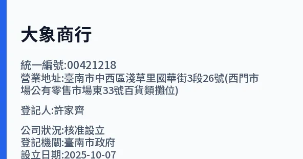 大象商行的照片-統編 00421218(臺南市) 公司登記資料與營業項目詳細圖表