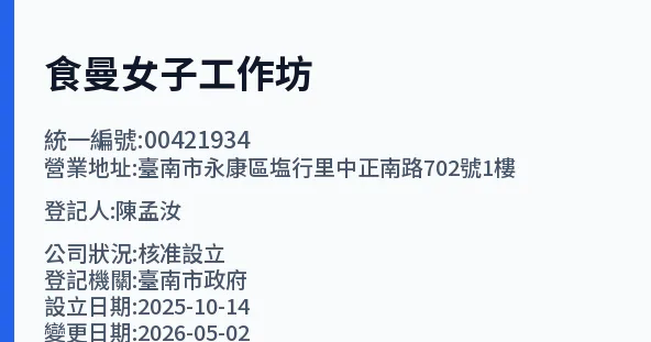 食曼女子工作坊的照片-統編 00421934(臺南市) 公司登記資料與營業項目詳細圖表