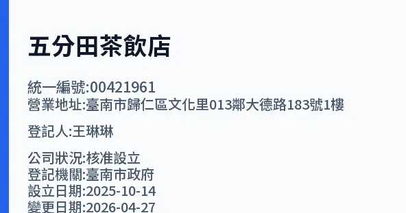 五分田茶飲店的照片-統編 00421961(臺南市) 公司登記資料與營業項目詳細圖表