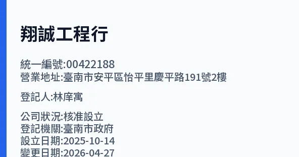 翔誠工程行的照片-統編 00422188(臺南市) 公司登記資料與營業項目詳細圖表