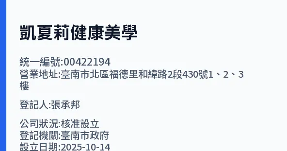 凱夏莉健康美學的照片-統編 00422194(臺南市) 公司登記資料與營業項目詳細圖表