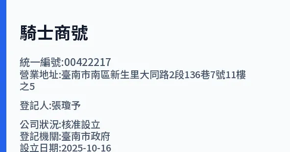 騎士商號的照片-統編 00422217(臺南市) 公司登記資料與營業項目詳細圖表