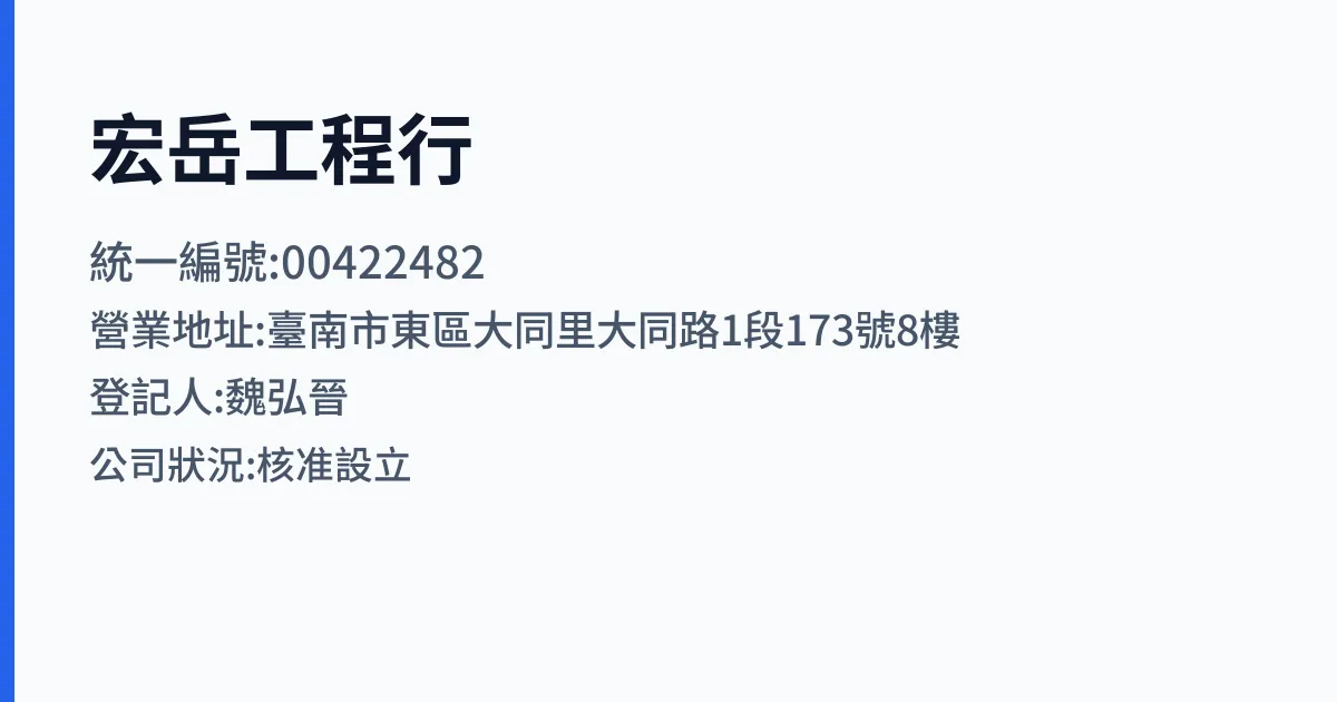 宏岳工程行 - 統編 00422482(臺南市) 公司登記資料與營業項目詳細圖表