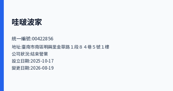 哇啵波家的照片-統編 00422856 公司登記資料與營業項目詳細圖表
