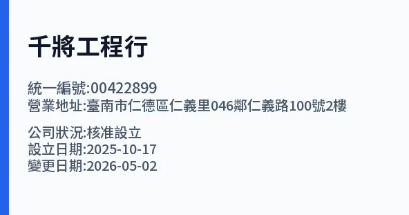 千將工程行的照片-統編 00422899(臺南市) 公司登記資料與營業項目詳細圖表