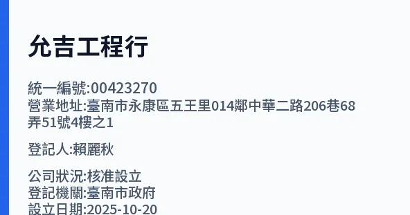 允吉工程行的照片-統編 00423270(臺南市) 公司登記資料與營業項目詳細圖表