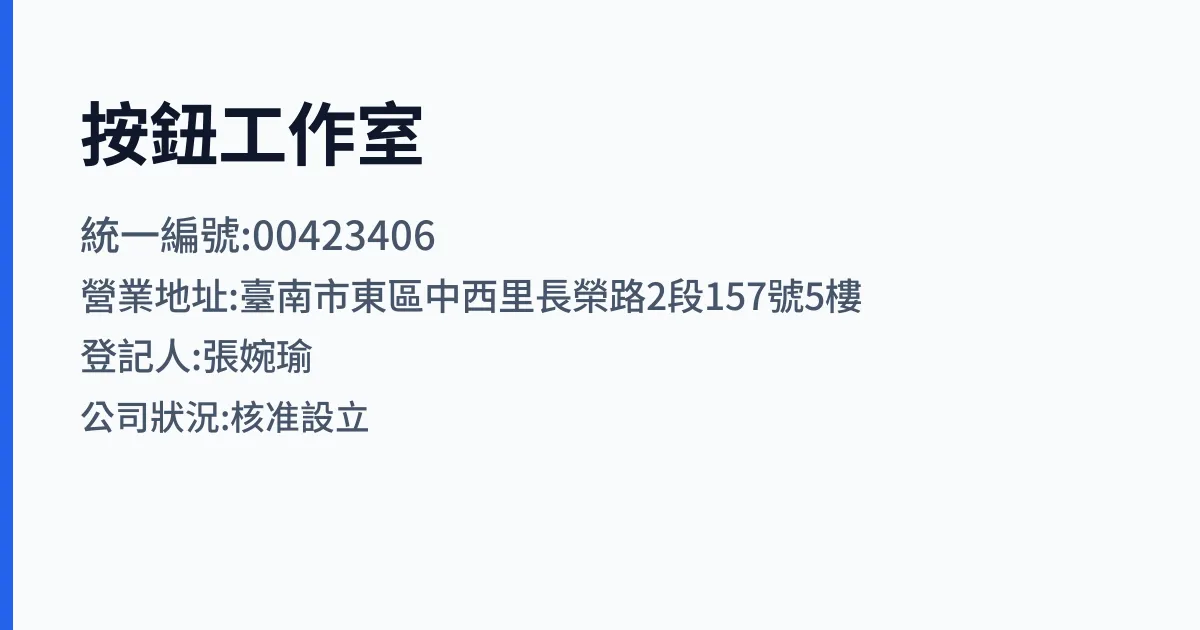 按鈕工作室 - 統編 00423406(臺南市) 公司登記資料與營業項目詳細圖表