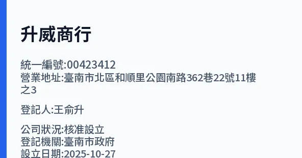 升威商行的照片-統編 00423412(臺南市) 公司登記資料與營業項目詳細圖表