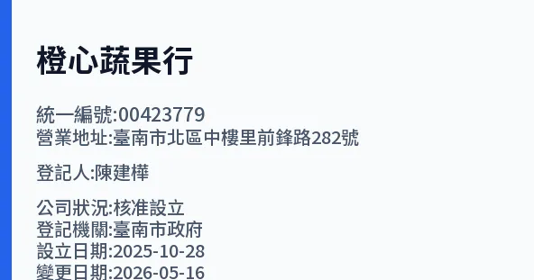 橙心蔬果行的照片-統編 00423779(臺南市) 公司登記資料與營業項目詳細圖表