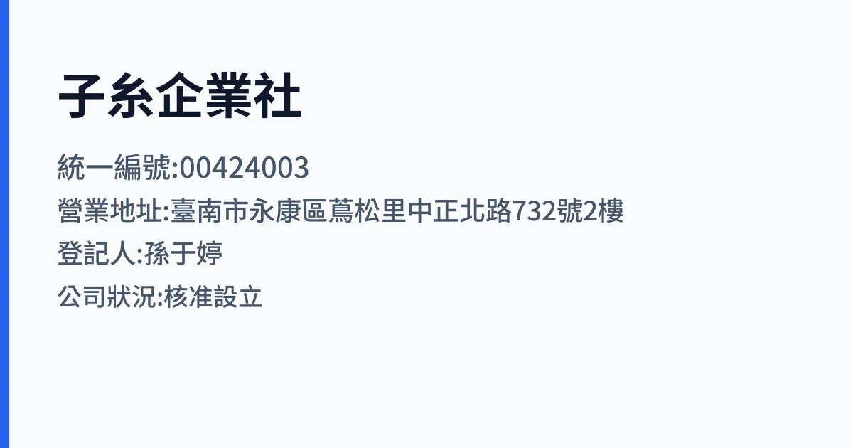 子糸企業社 - 統編 00424003(臺南市) 公司登記資料與營業項目詳細圖表