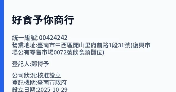 好食予你商行的照片-統編 00424242(臺南市) 公司登記資料與營業項目詳細圖表