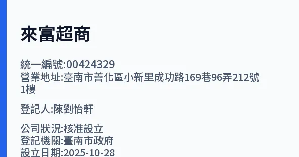 來富超商的照片-統編 00424329(臺南市) 公司登記資料與營業項目詳細圖表